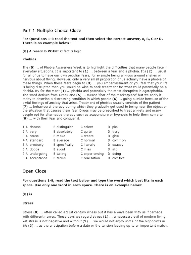 Part 1 Multiple Choice Cloze Pdf Phobia Anxiety
