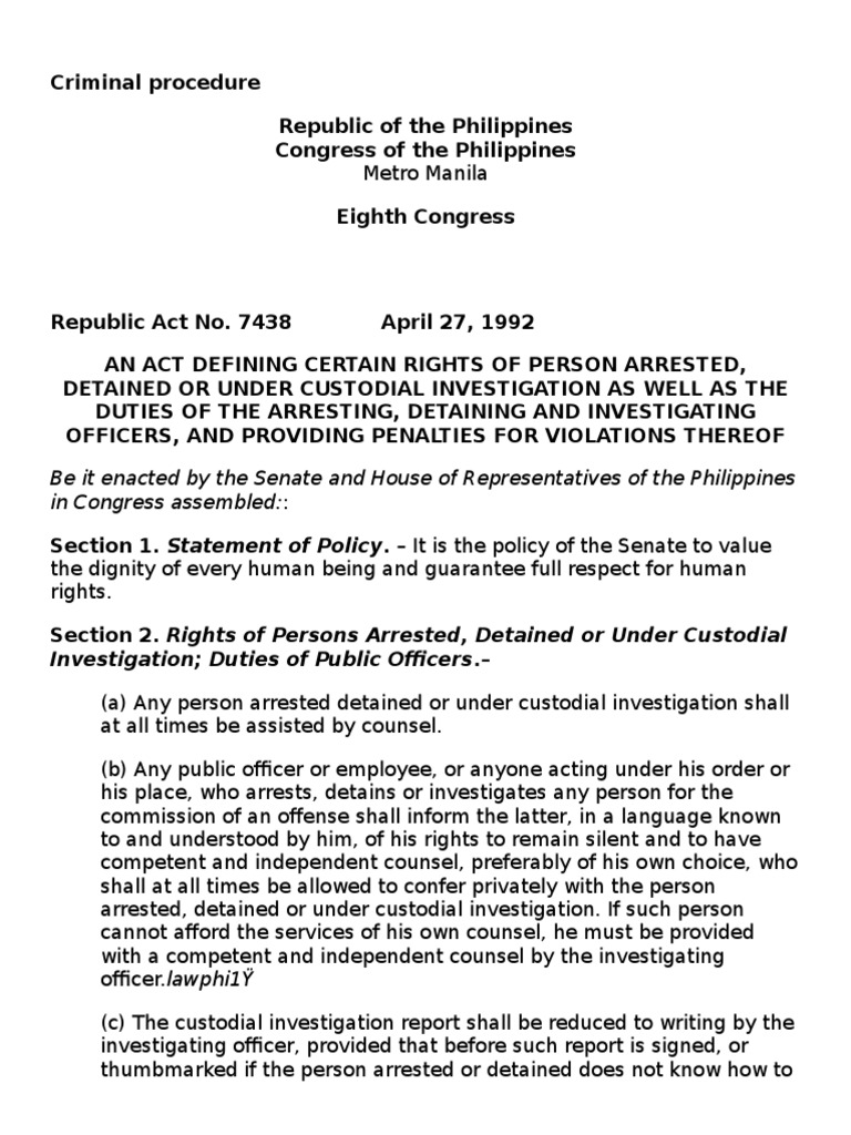 Ra 7438 | PDF | Right To Silence | Arrest