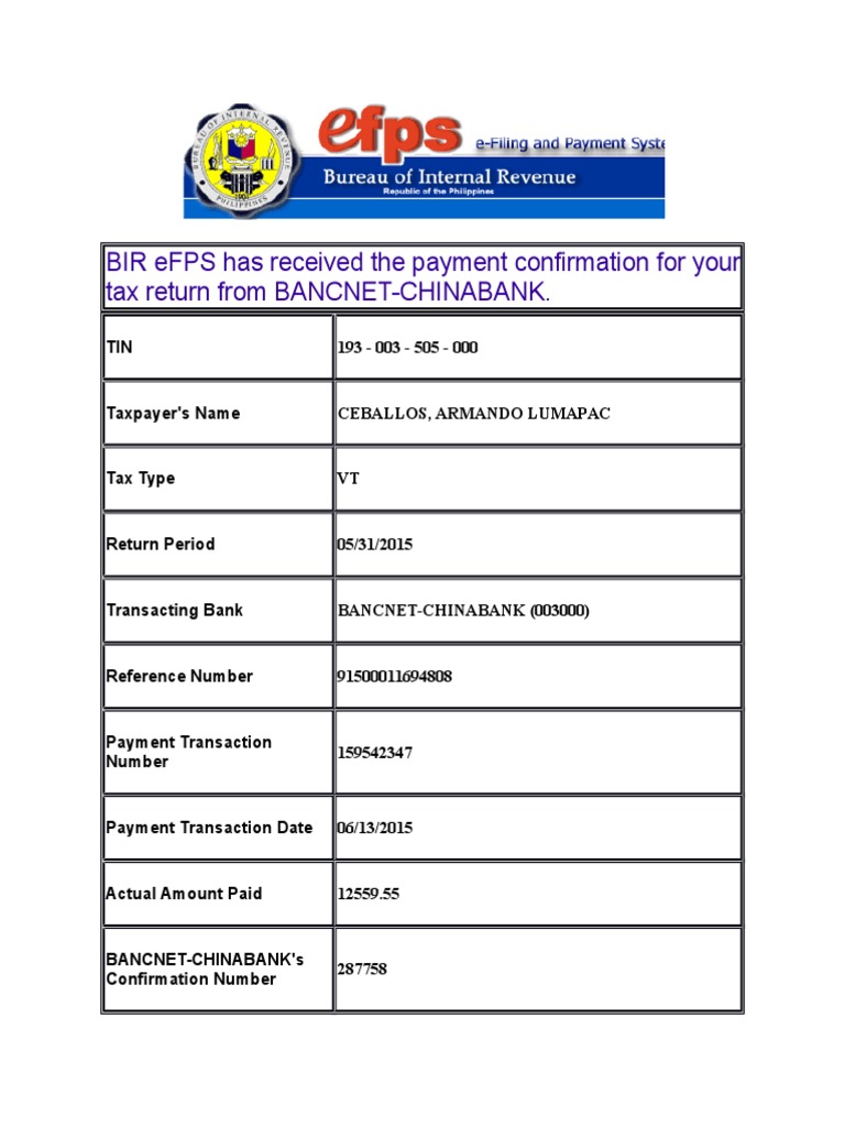 BIR eFPS Has Received The Payment Confirmation For Your Tax Return From ...