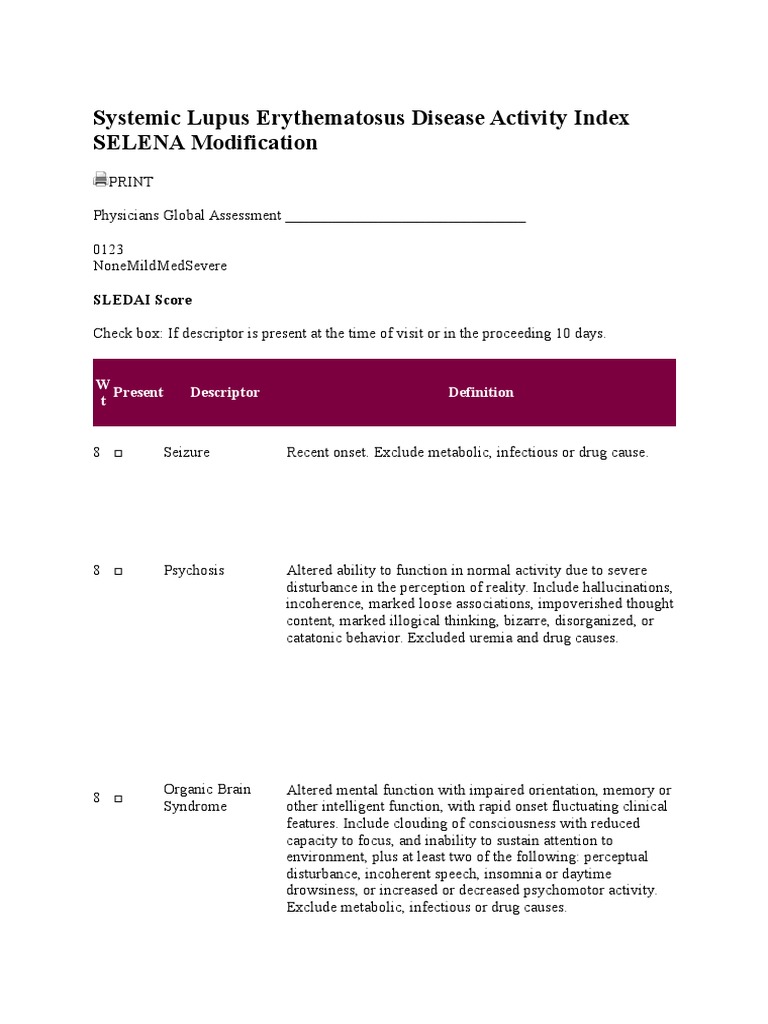 Systemic Lupus Erythematosus Disease Activity Index SELENA Modification ...