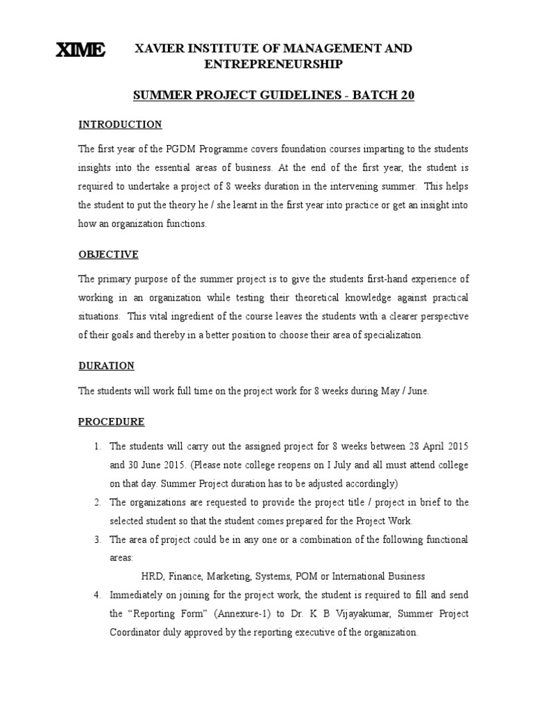 Summer Project Guidelines - Batch 20 | PDF | Business