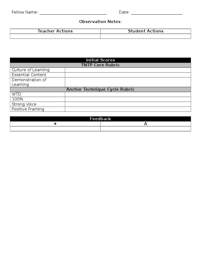 Observation Notes: Teacher Actions Student Actions | PDF