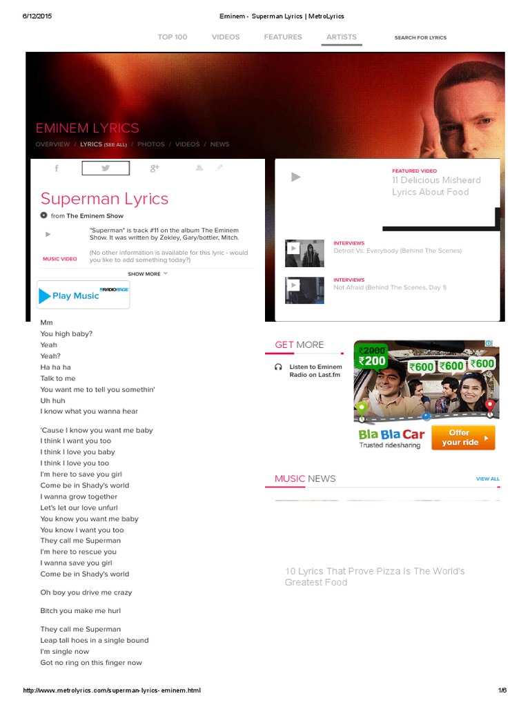 Eminem - Superman Lyrics - MetroLyrics | PDF | Music Industry ...