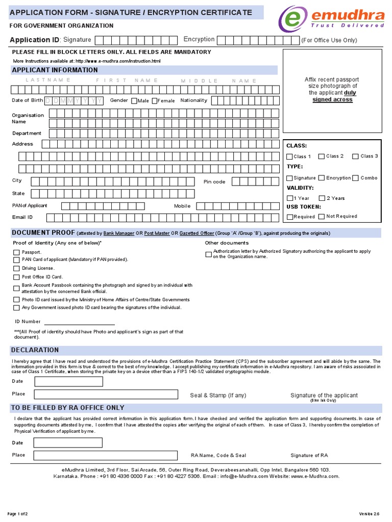 Emudhra Government Type Form | PDF | Identity Document | Access Control