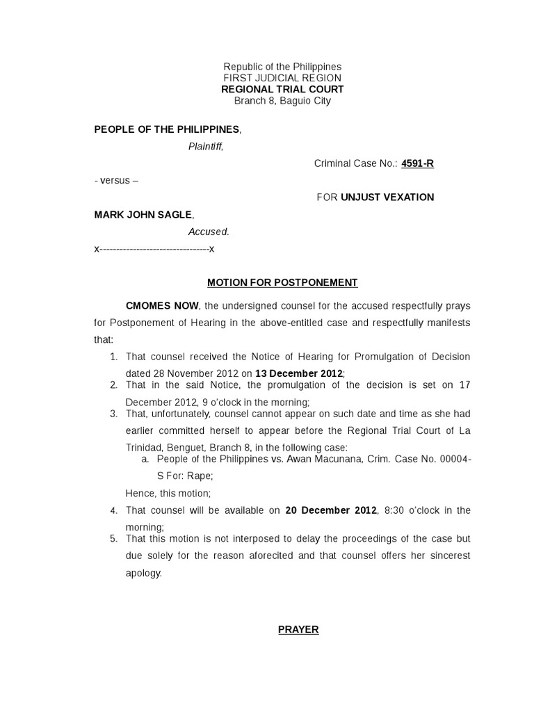 Motion For Postponement | PDF