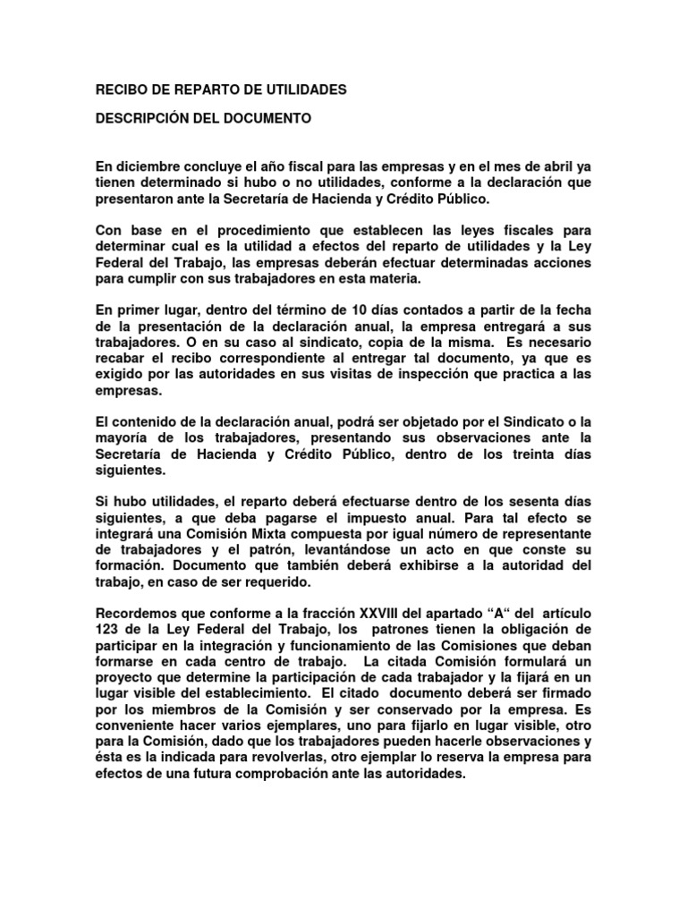 Formato de Recibo de Utilidades PTU | PDF | Salario | Finanzas (general)