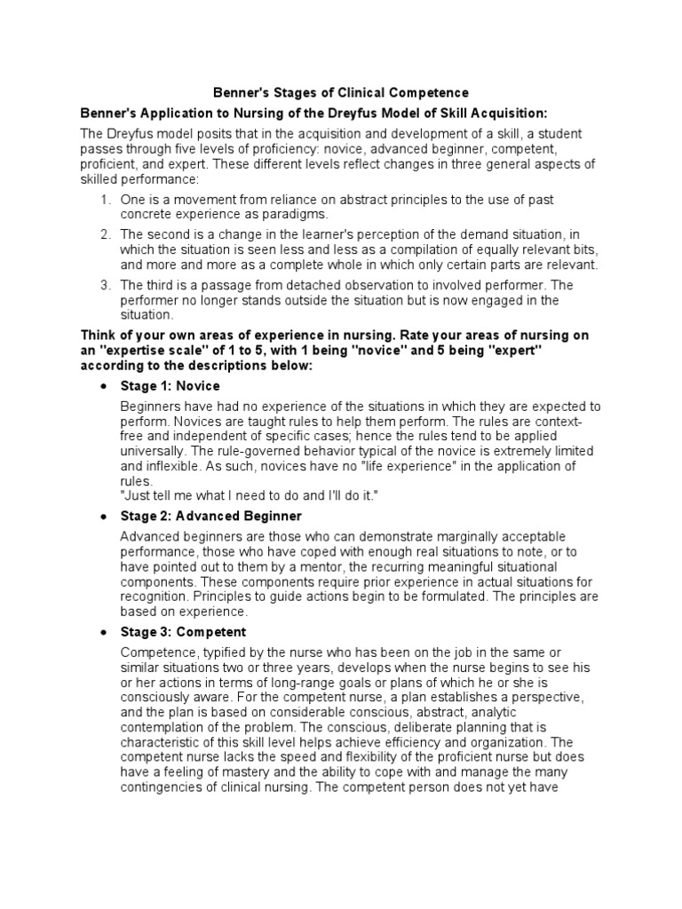 Benner's Clinical Competence Stages | PDF | Expert | Nursing