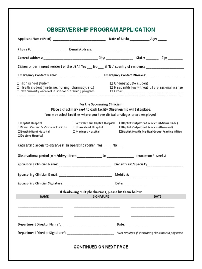 Baptist Hospital Observership Application | PDF
