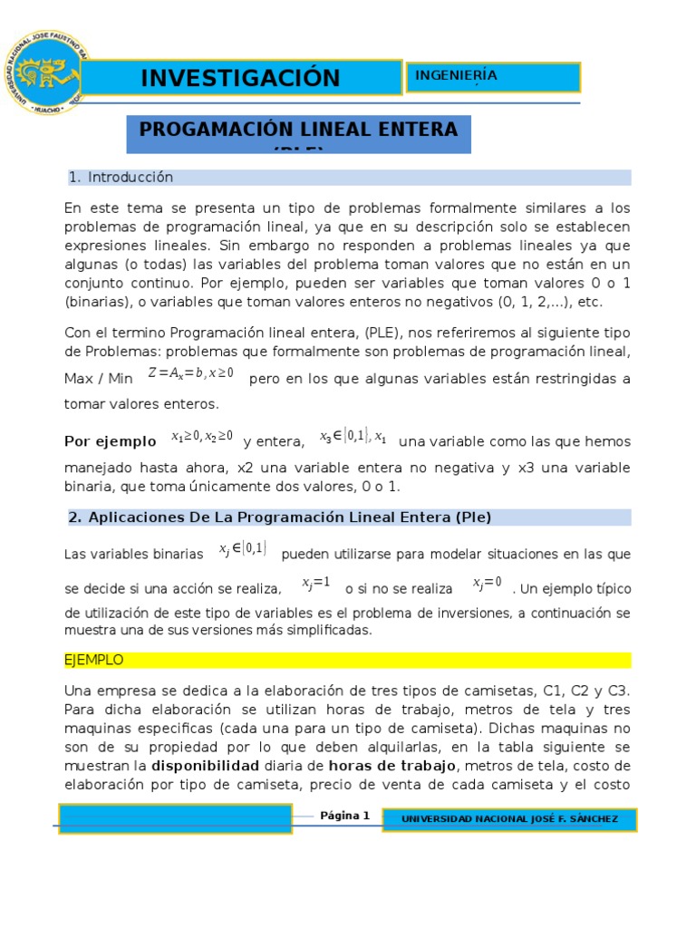 Programación Lineal Entera (PLE) | PDF | Programación lineal ...