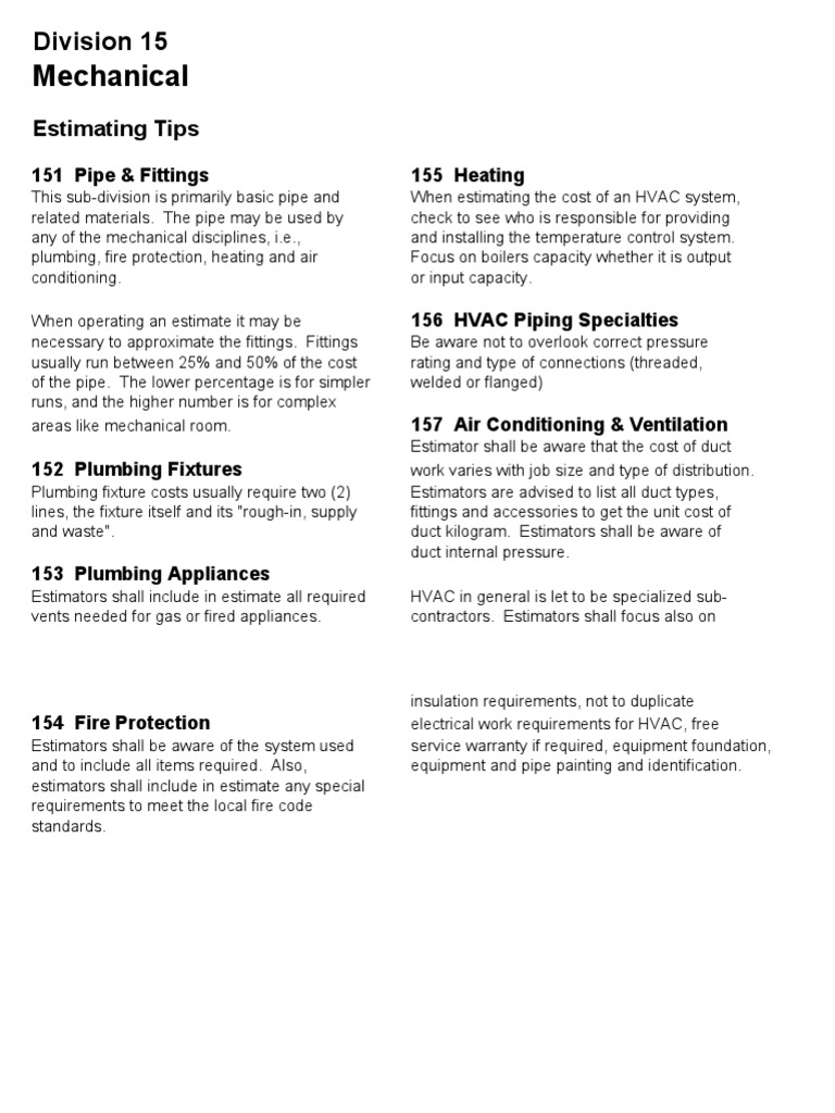 Division 15: Mechanical Estimating Guide | PDF | Plumbing | Hvac