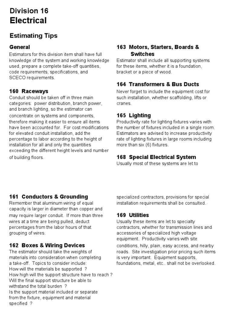 Division 16 Electrical Estimating Guide | PDF | Cable | Switch