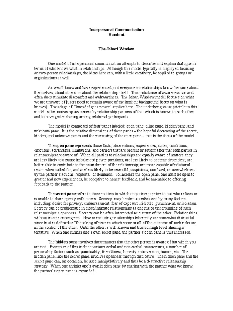 Interpersonal Communication Handout The Johari Window One | PDF ...