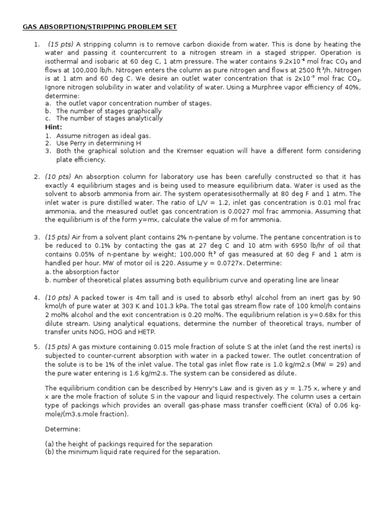 Gas Absorption Problem Set Pdf Gases Mole Unit