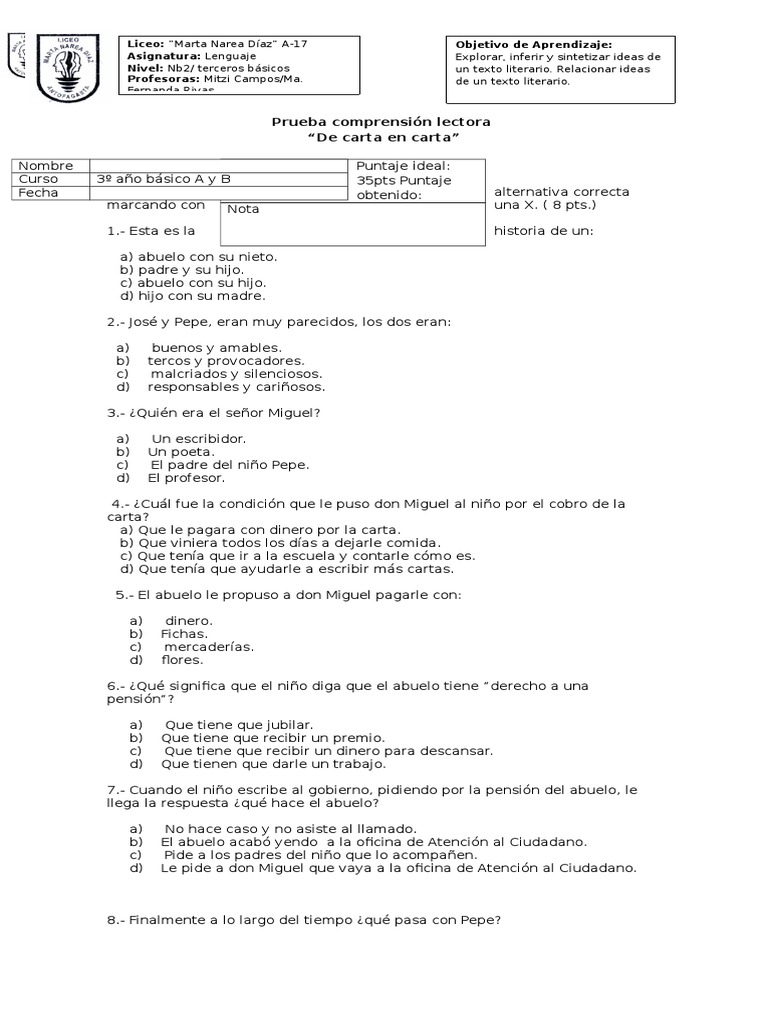 Prueba Comprensión Lectora de Carta en Carta | PDF