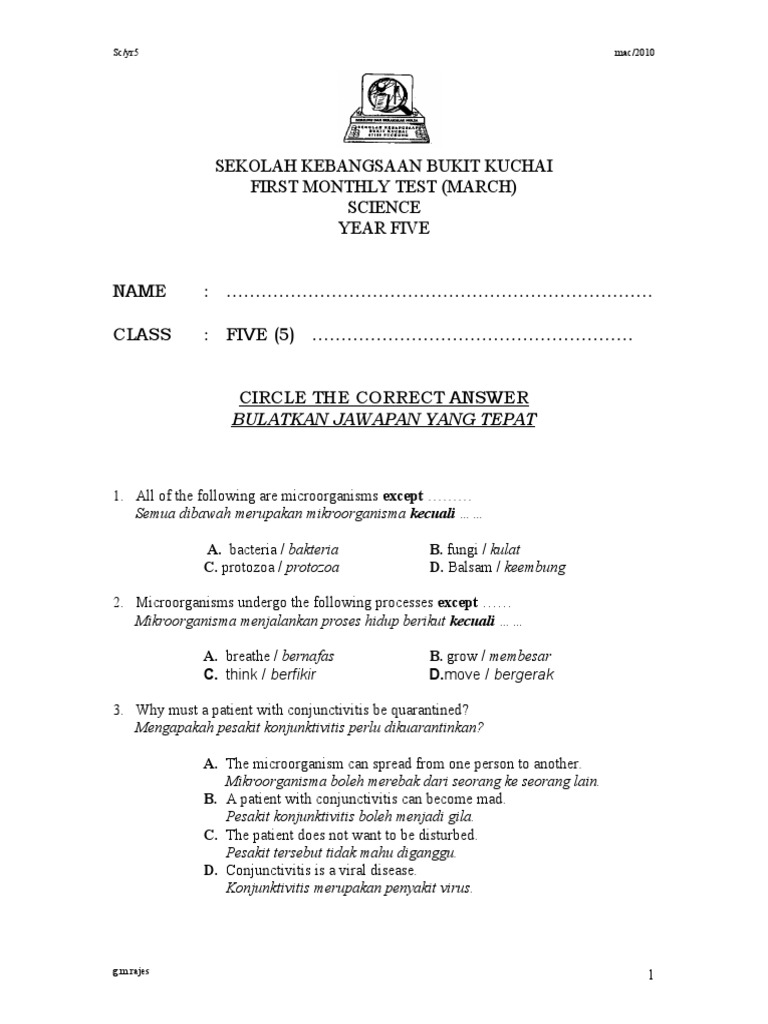 Sekolah Kebangsaan Bukit Kuchai First Monthly Test | PDF | Biology ...