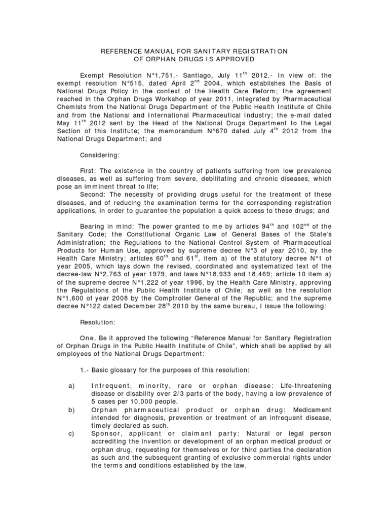 Sanitary Registration for Orphan Drugs | PDF