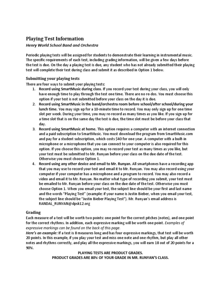 Playing Test Information: Henry World School Band and Orchestra | PDF ...