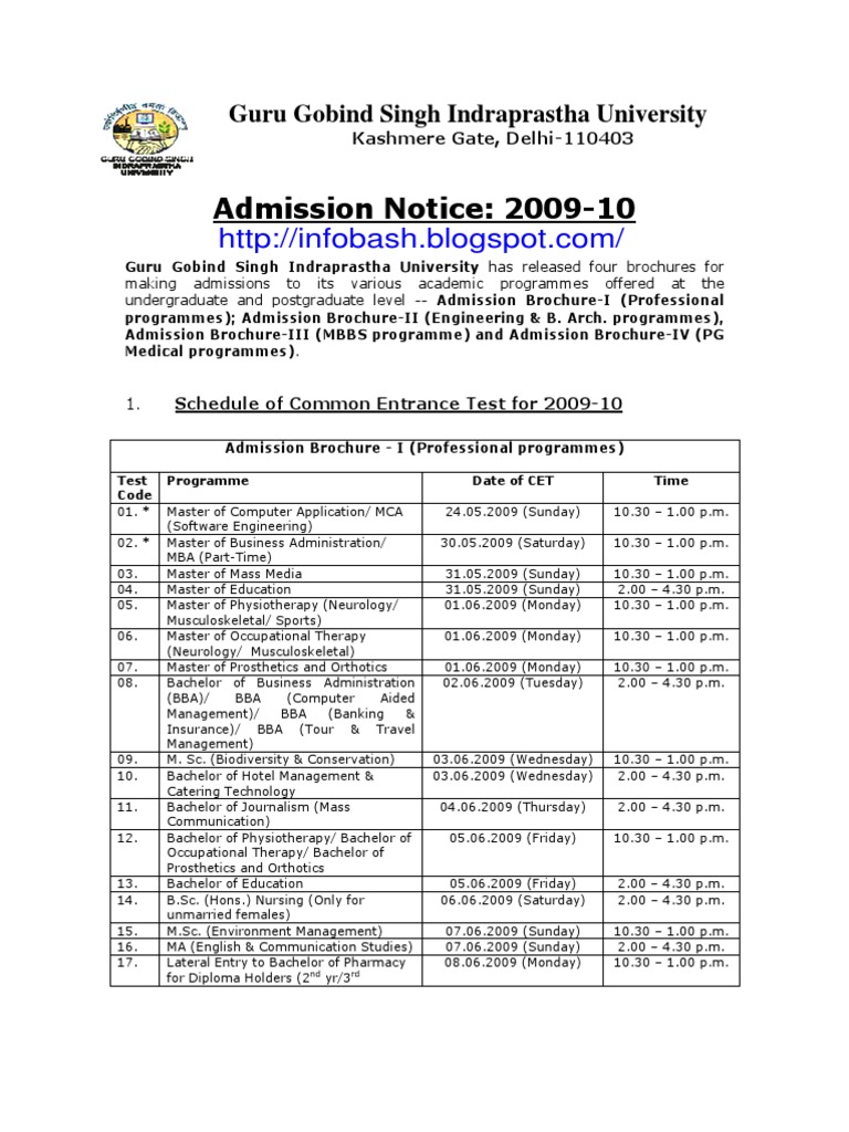 Ggsipu Admissons 2010 | PDF | Academic Degree | Qualifications