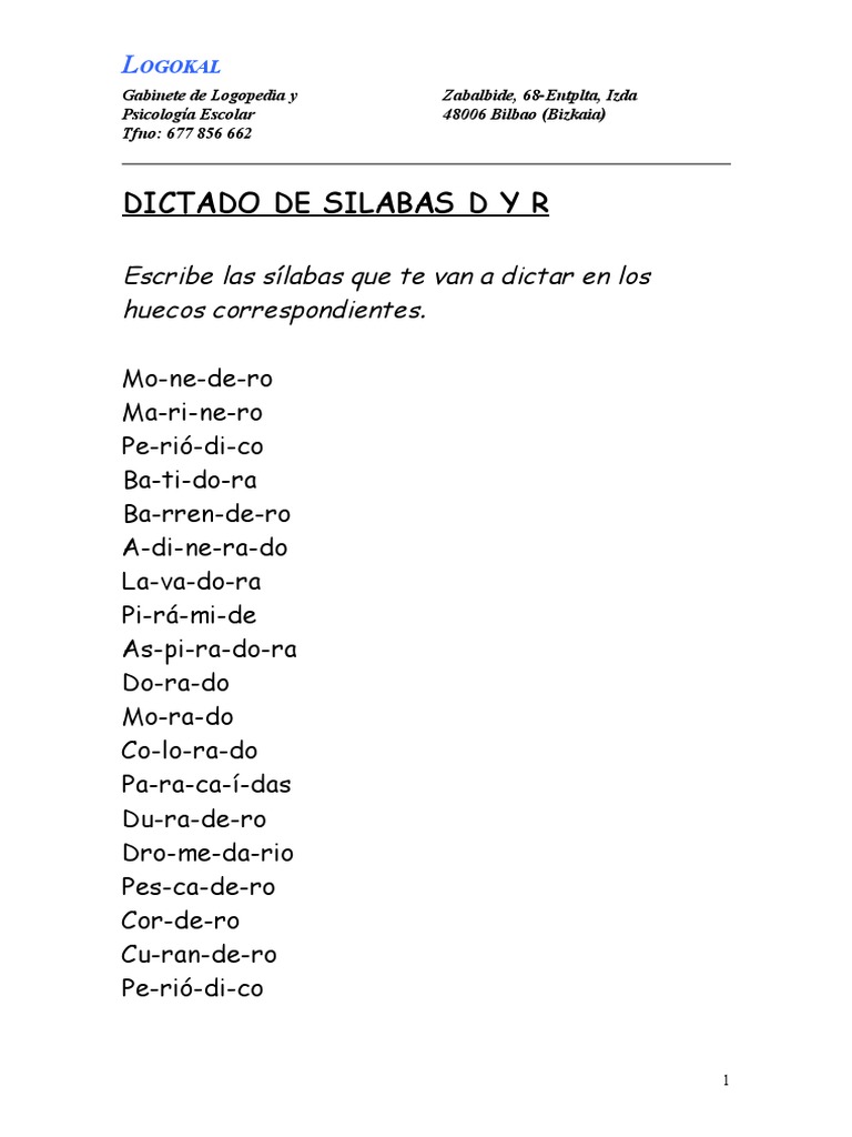 Dictado de Sílabas D y R Suave | PDF