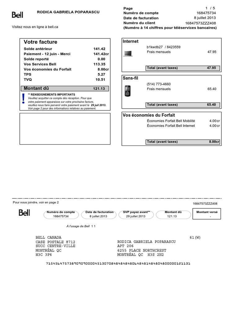 Facture Bell - Juillet 2013 | PDF | Facture | Télécommunications