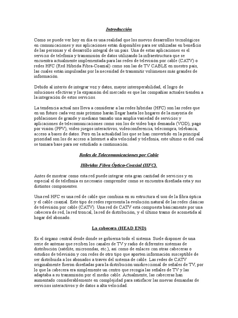 Redes HFC | PDF | Televisión por cable | Cable coaxial