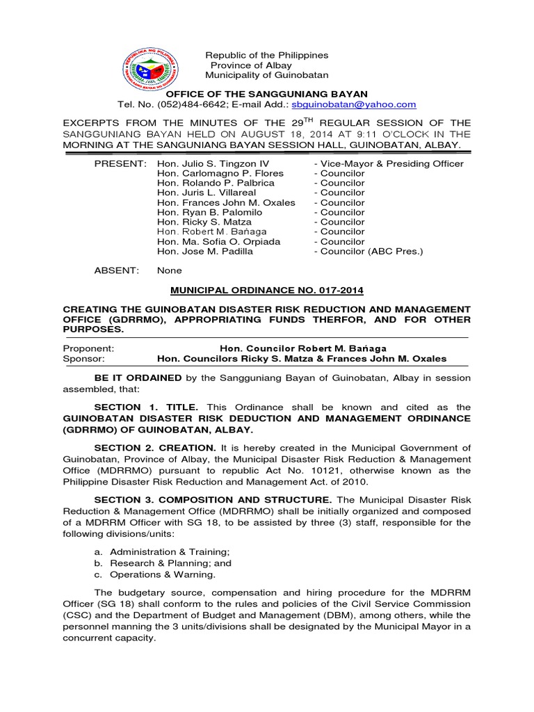Municipal Ordinance No. 017-2014 | PDF | Disaster Risk Reduction | Risk ...