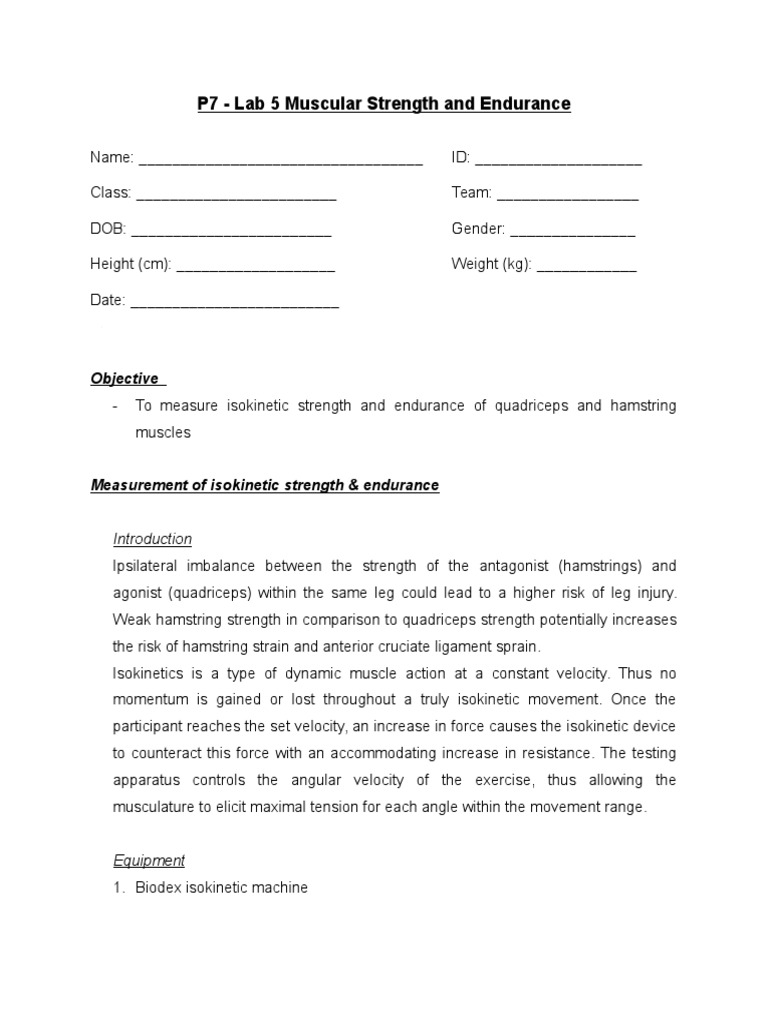 P7 - Lab 5 Muscular Strength and Endurance: Objective | PDF ...