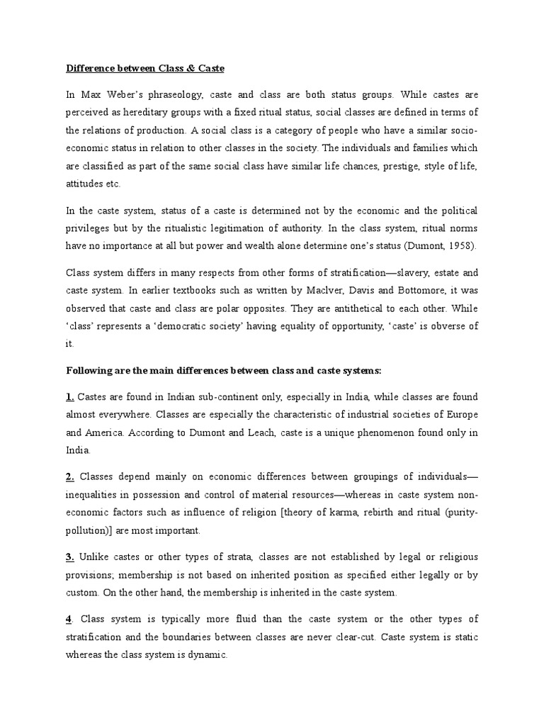 Exploring the Key Differences Between Caste and Class Systems of Social Stratification | PDF ...