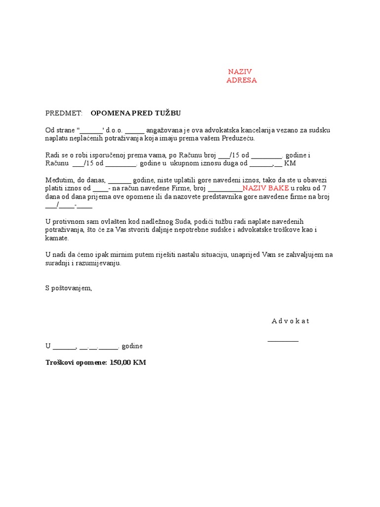 Opomena Pred Tuzbu Primjer | PDF