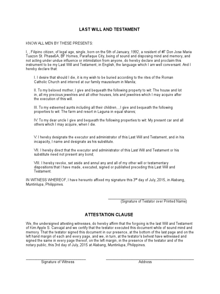 Last Will and Testament Sample Philippines | PDF | Will And Testament ...