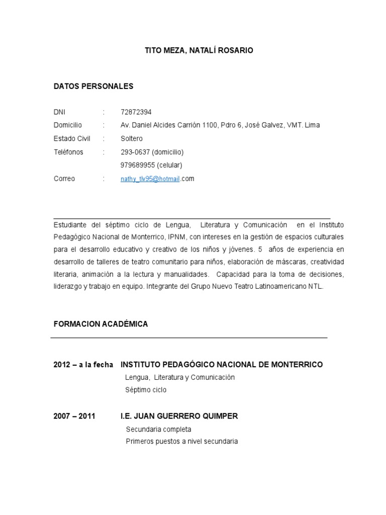 CV - Natalí Tito Meza | PDF | Educación Secundaria | Lima CV - Natalí Tito Meza | PDF | Educación Secundaria | Lima