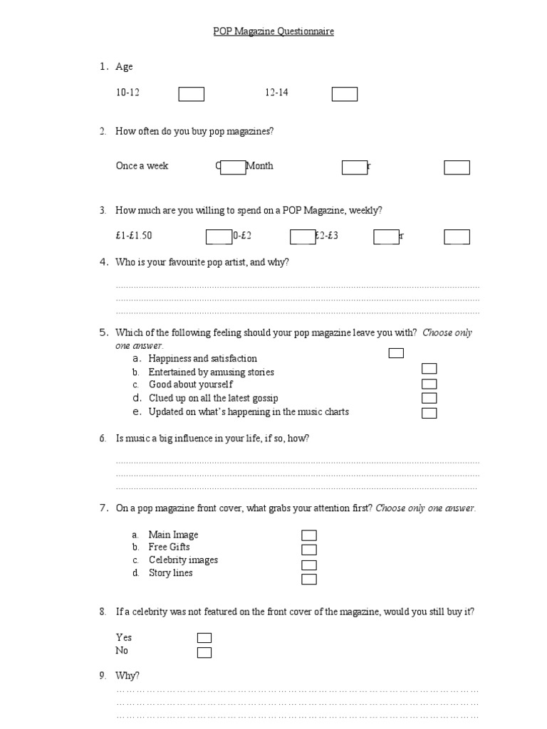 POP Magazine Questionnaire 1. Age 10-12 12-14 | PDF