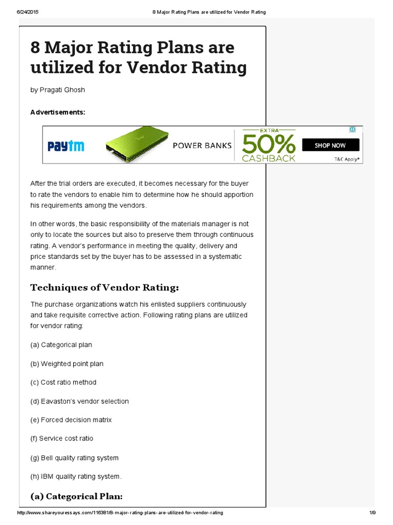 8 Major Rating Plans Are Utilized For Vendor Rating | PDF | Percentage ...