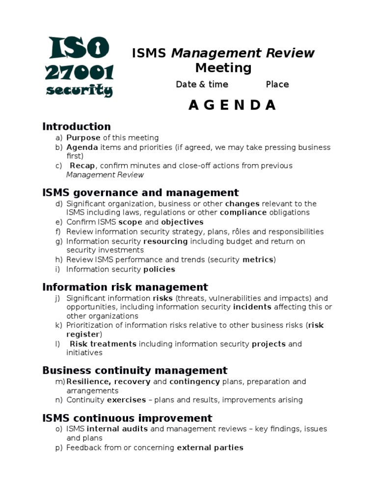 ISO27k ISMS Management Review Meeting Agenda | PDF | Business | Computers