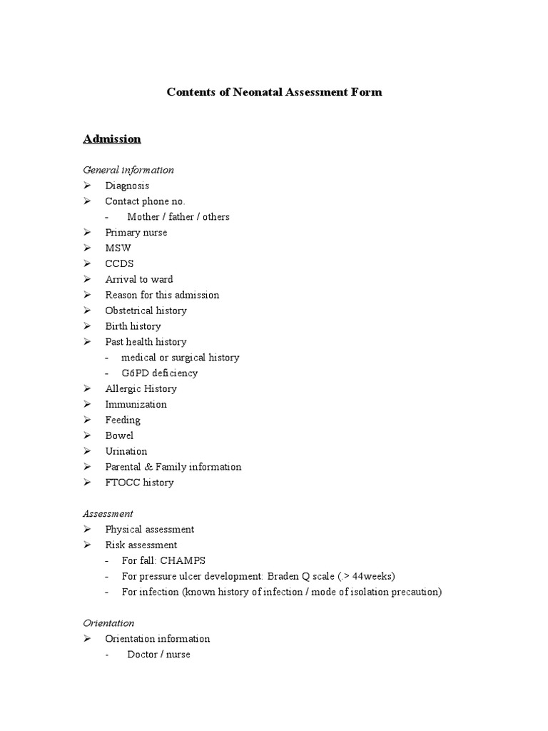 Neonatal Assessment Form Overview | PDF
