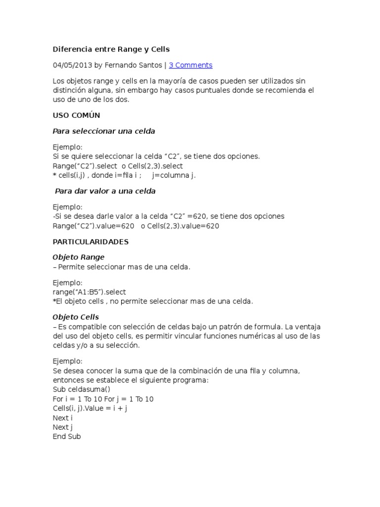 Diferencia Entre Range y Cells | PDF | Visual Basic para Aplicaciones ...
