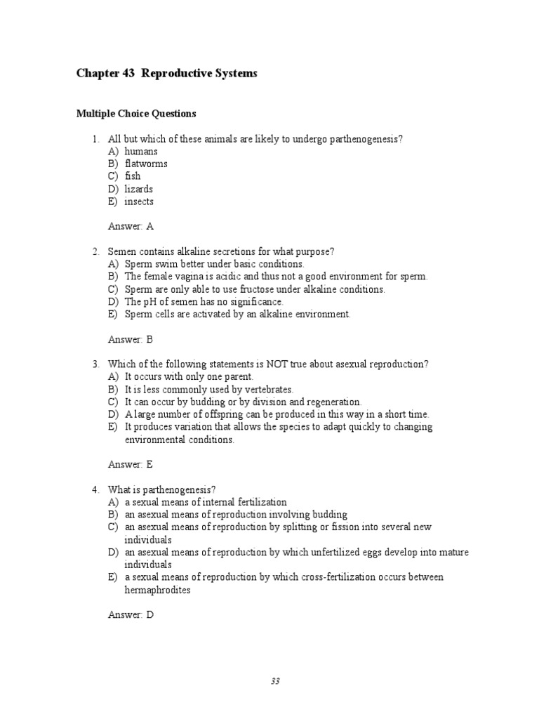 Chapter 43 Reproductive Systems: Multiple Choice Questions | PDF