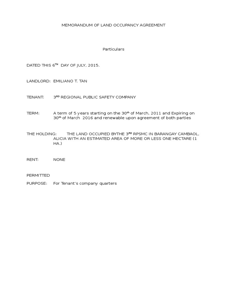 Memorandum of Land Occupancy Agreement | PDF