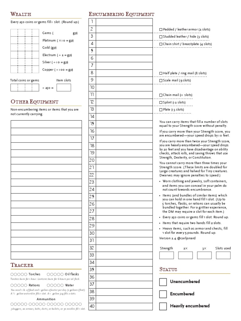 Dungeons & Dragons 5e Inventory Tracking Sheet | PDF