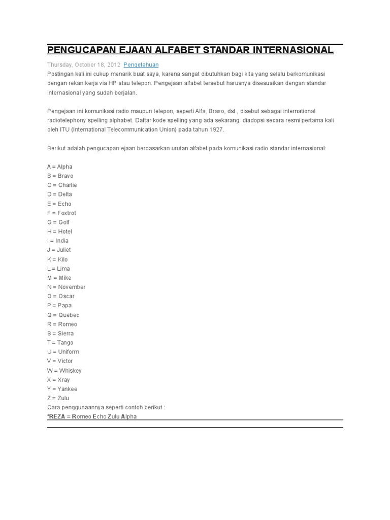 Pengucapan Ejaan Alfabet Standar Internasional | PDF