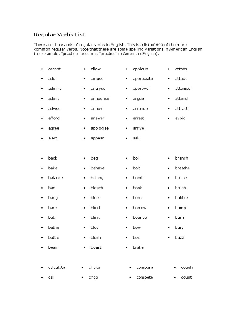 Regular Verbs List