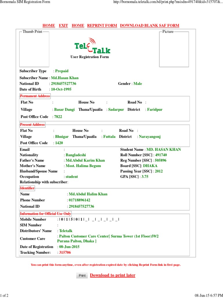 Bornomala SIM Registration Details | PDF | Telecommunications | Mobile ...