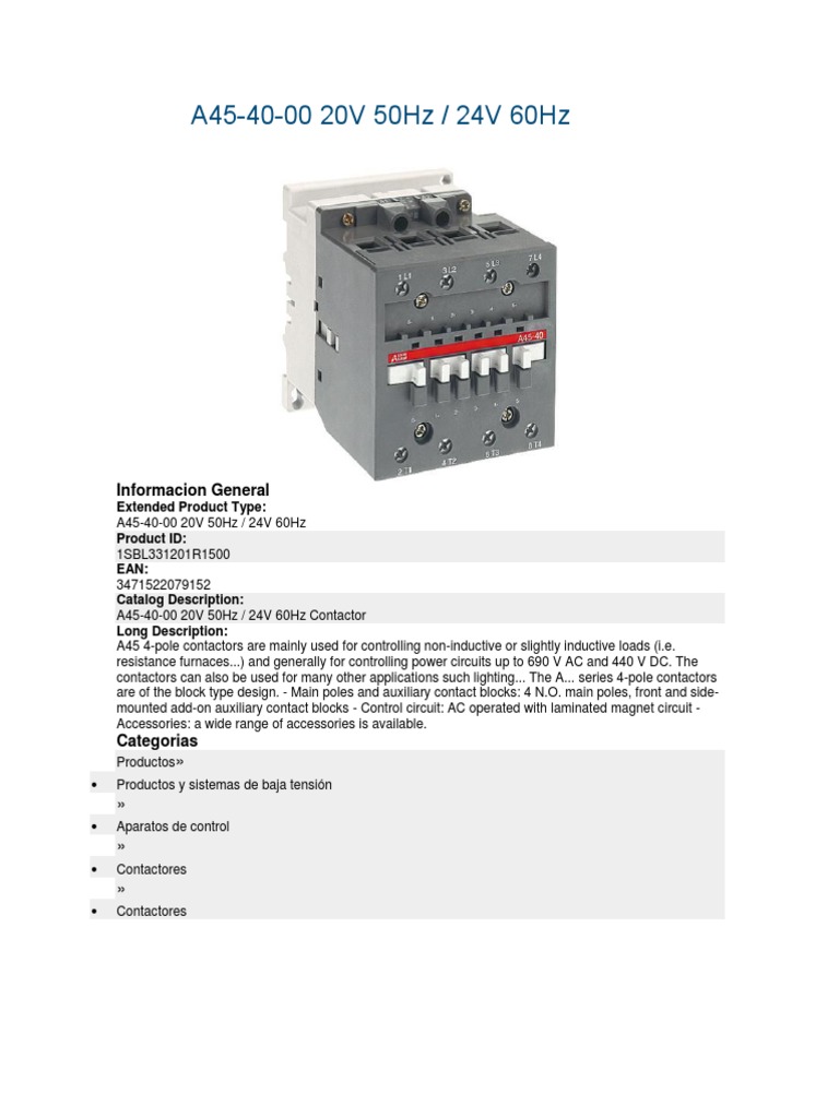 Abb Contactor A45!40!00 24 Vac 60 Hz | Hertz | Power (Physics)