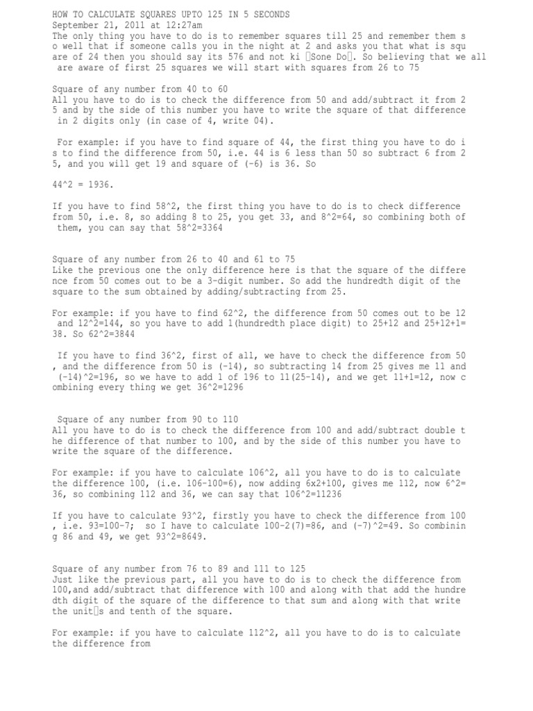 Square Till 125 | PDF | Arithmetic | Teaching Mathematics