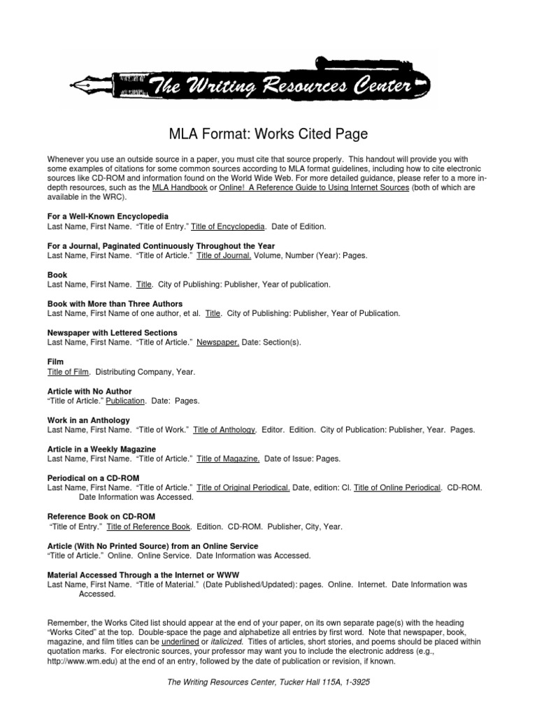 MLA Format: Works Cited Page: The Writing Resources Center, Tucker Hall ...