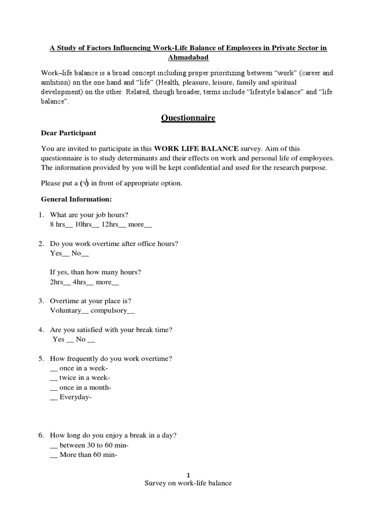 Work-Life Balance Survey Questionnaire | PDF | Work–Life Balance ...