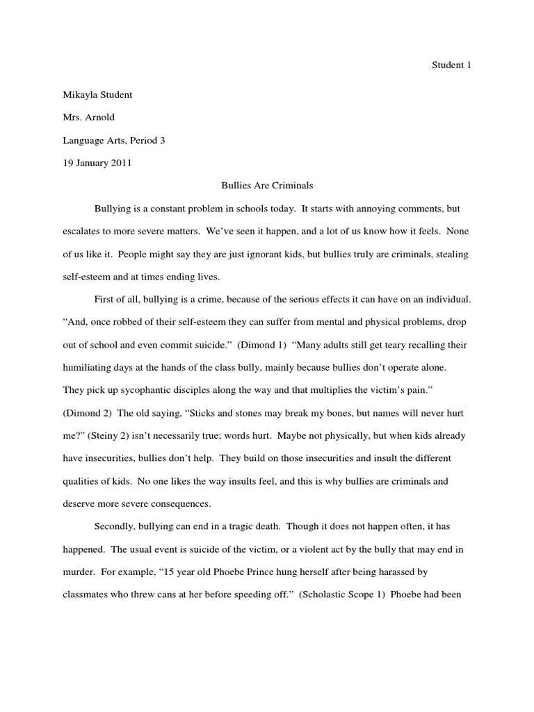 Persuasive Essay Bullying Sample | PDF | Bullying | Self Esteem