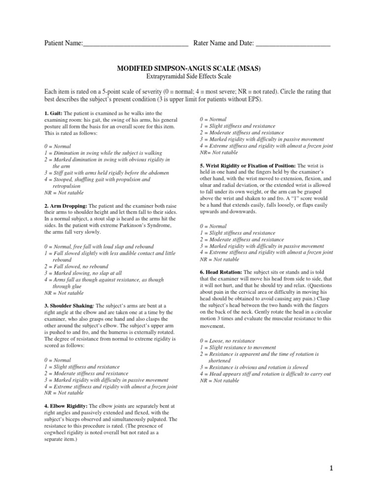 Modified Simpson-Angus Scale (MSAS) for Rating Extrapyramidal Side ...