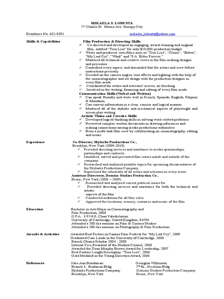 Resume Sample For A Film Director | PDF | Filmmaking | Film Director