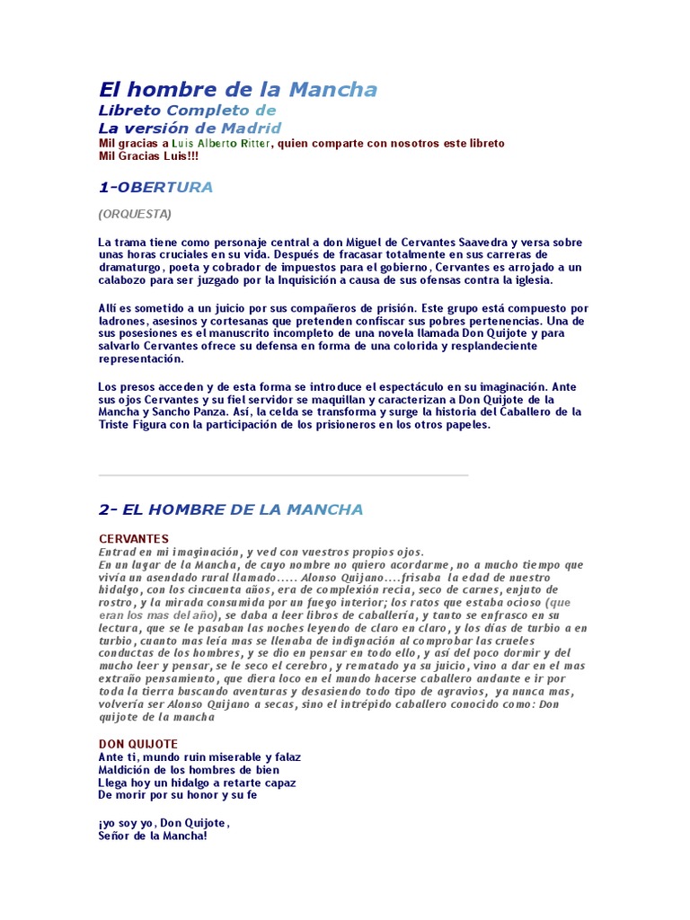 El Hombre de La Mancha | PDF | Don Quijote | Miguel De Cervantes